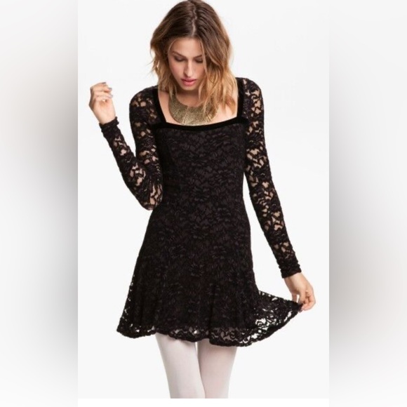 Free People | Dresses | Free People Black Stretch Lace Fit And Flare ...